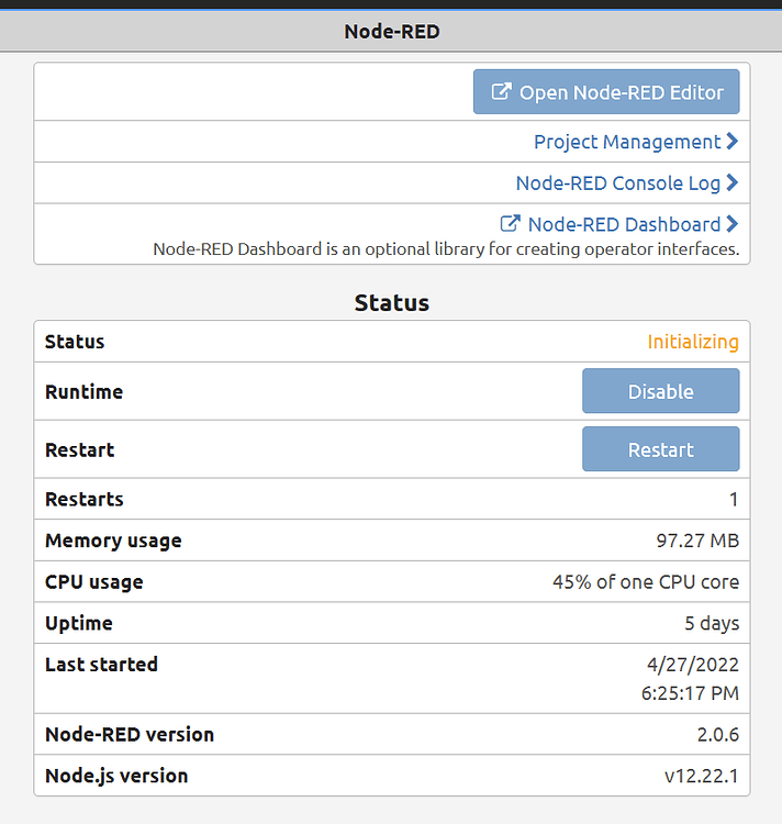 Node-Red High CPU causes status "Initializing" and disables the Restart button - groov RIO ...